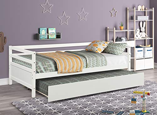 Hanway Twin Daybed with Trundle โ Pine Wood Material Bed Frames โ Elegant Furniture for Compact Rooms โ Bedroom Accessories Ideal for Small Living Spaces โ Classic White Paint Coating
