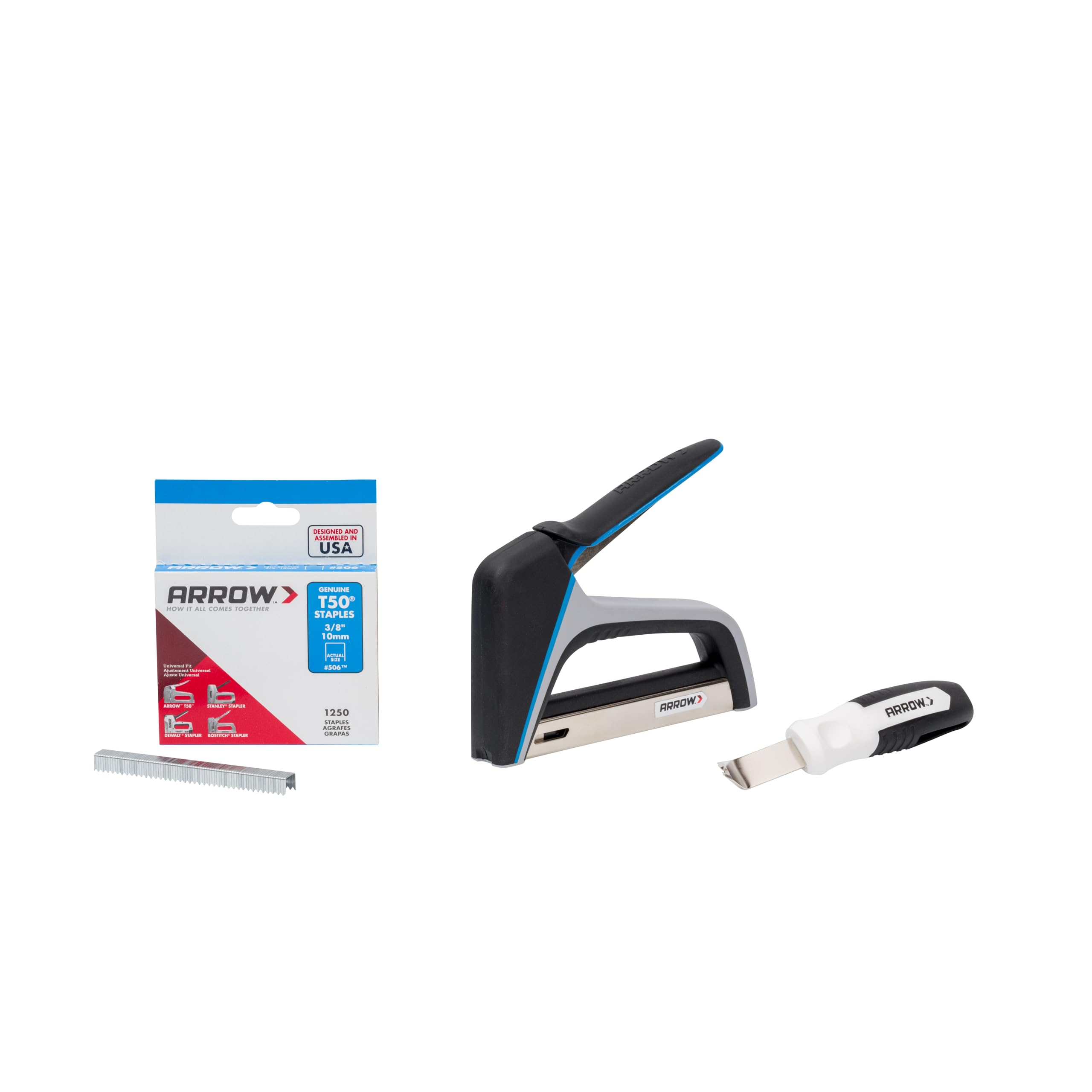 Arrow Fastener T50XKIT1000 TacMate Heavy Duty Staple Gun Kit for Upholstery, Furniture, Office, Decorating, Includes Staple Remover and 1,000 Staples, Black and Silver