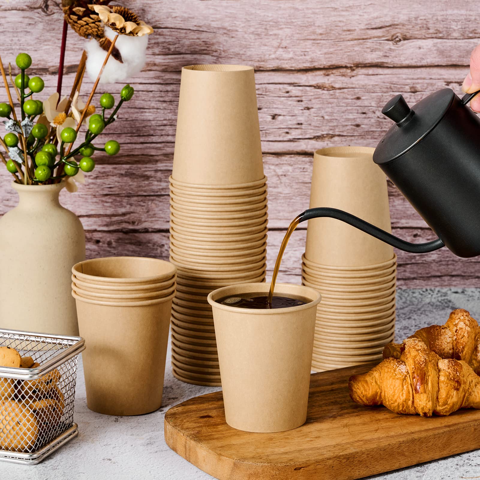 LITOPAK 100 Pack 8 oz Kraft Paper Coffee Cups for Water, Juice, and Tea, Disposable Hot Coffee Cups for Home, Restaurant, Store, and Cafe