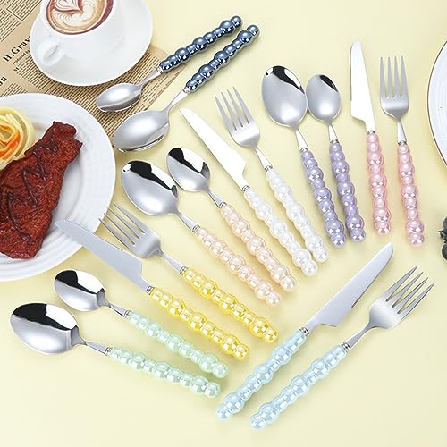 WISELADY Teaspoon Set, 304 Stainless Steel Knife, Fork and Spoon Set, Ceramic Handle Cutlery, Steak Knife, Fork Dessert Spoon, Dinner Spoon Set (Beige,2Sets)