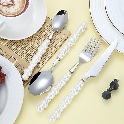 WISELADY Teaspoon Set, 304 Stainless Steel Knife, Fork and Spoon Set, Ceramic Handle Cutlery, Steak Knife, Fork Dessert Spoon, Dinner Spoon Set (Beige,2Sets)