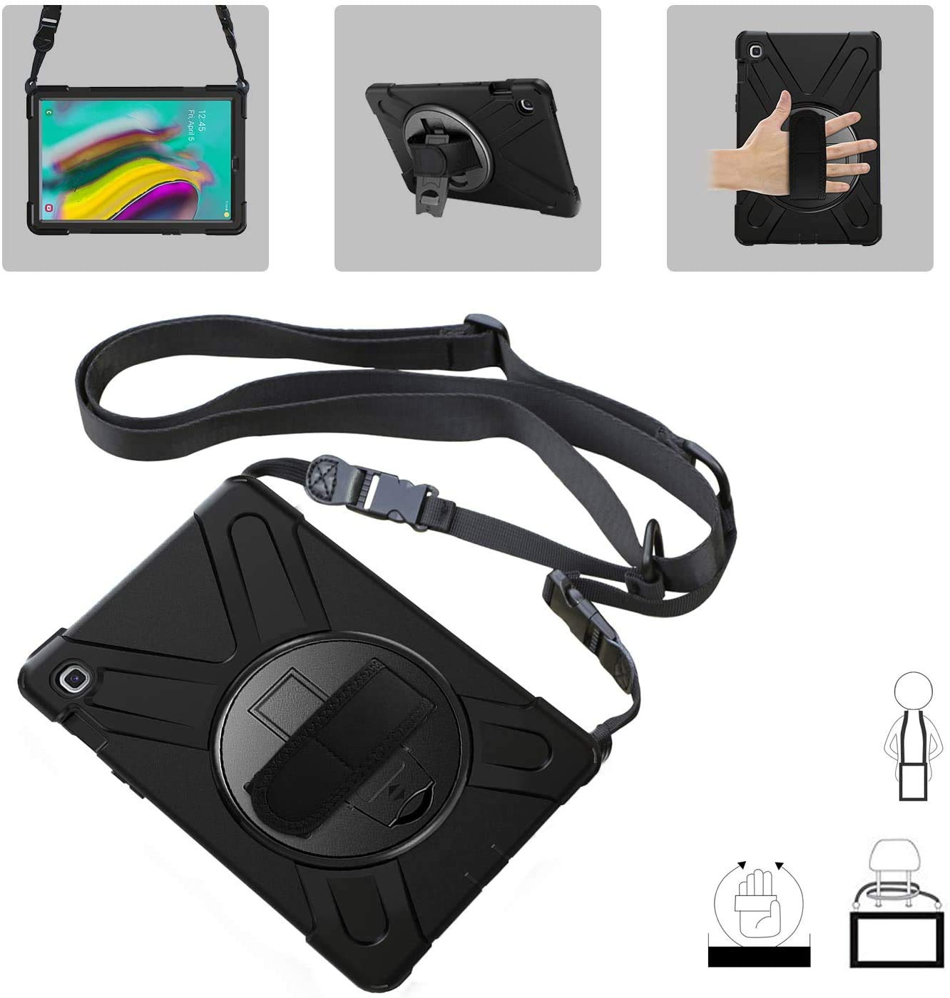 ZenRich Galaxy Tab S5e Case 2019, zenrich SM-T720/T725/T727 Heavy Duty Shockproof Rugged Case with Rotatable Stand Hand Strap and Shoulder Belt for Samsung Galaxy Tab S5e 10.5 inch 2019 Tablet-Black