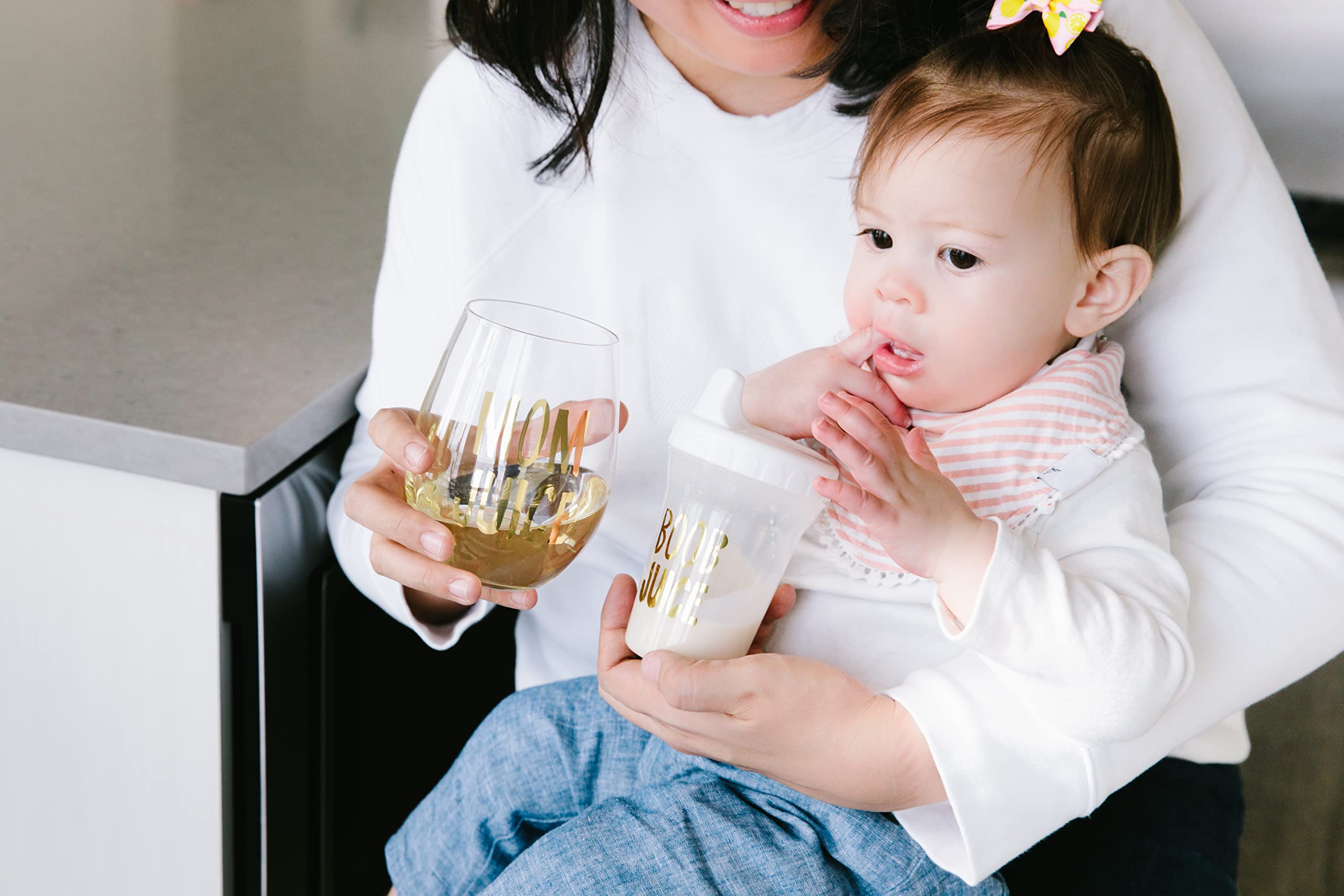 Pearhead Stemless Wine Glass and Sippy Cup Set, Matching Mom and Baby Drinkware Set, Accessory for New Moms and Expecting Mothers, Gold