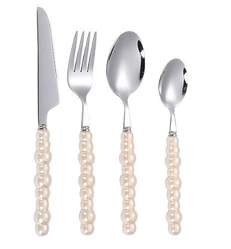 WISELADY Teaspoon Set, 304 Stainless Steel Knife, Fork and Spoon Set, Ceramic Handle Cutlery, Steak Knife, Fork Dessert Spoon, Dinner Spoon Set (Beige,2Sets)