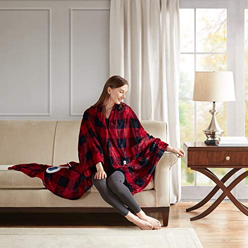 True North by Sleep Philosophy Buffalo Plaid Electric Blanket Throw Ultra Soft Plush Auto Shut Off with 3 Heat Level Setting Controller, Oversized - 5 Years Warranty, 60x70", Red