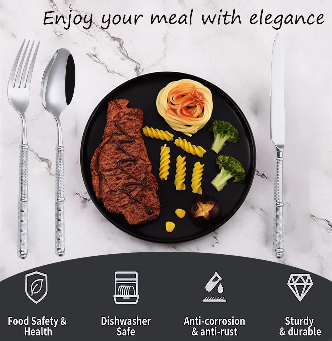 Thomaso 20-piece Round Handle Silverware Set,1810 Stainless Steel Hammered Flatware Set for 4,Silver Spoons and Forks Set,Unique Round Handle Cutlery Set,Wedding Housewarming Gift, Dishwasher Safe