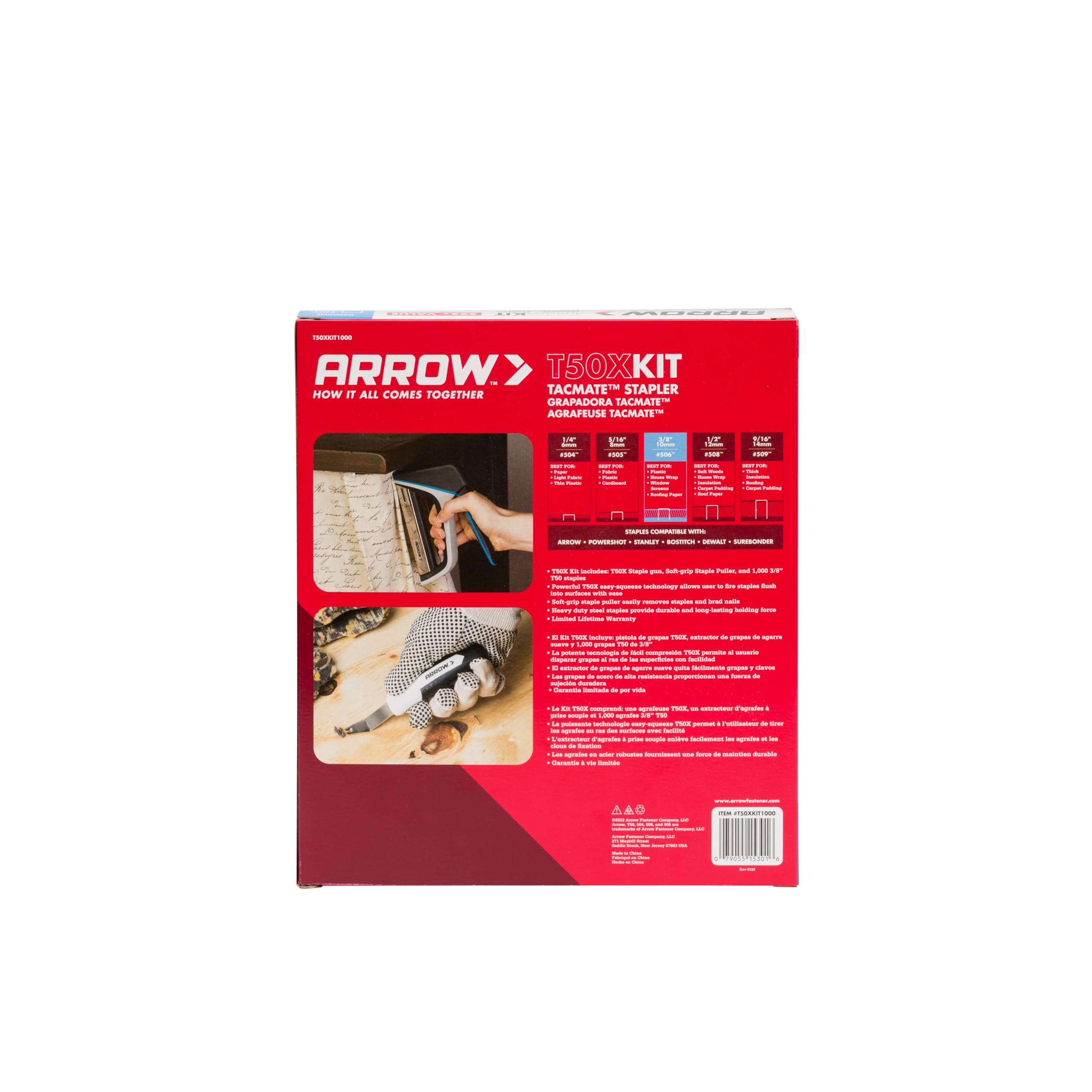 Arrow Fastener T50XKIT1000 TacMate Heavy Duty Staple Gun Kit for Upholstery, Furniture, Office, Decorating, Includes Staple Remover and 1,000 Staples, Black and Silver