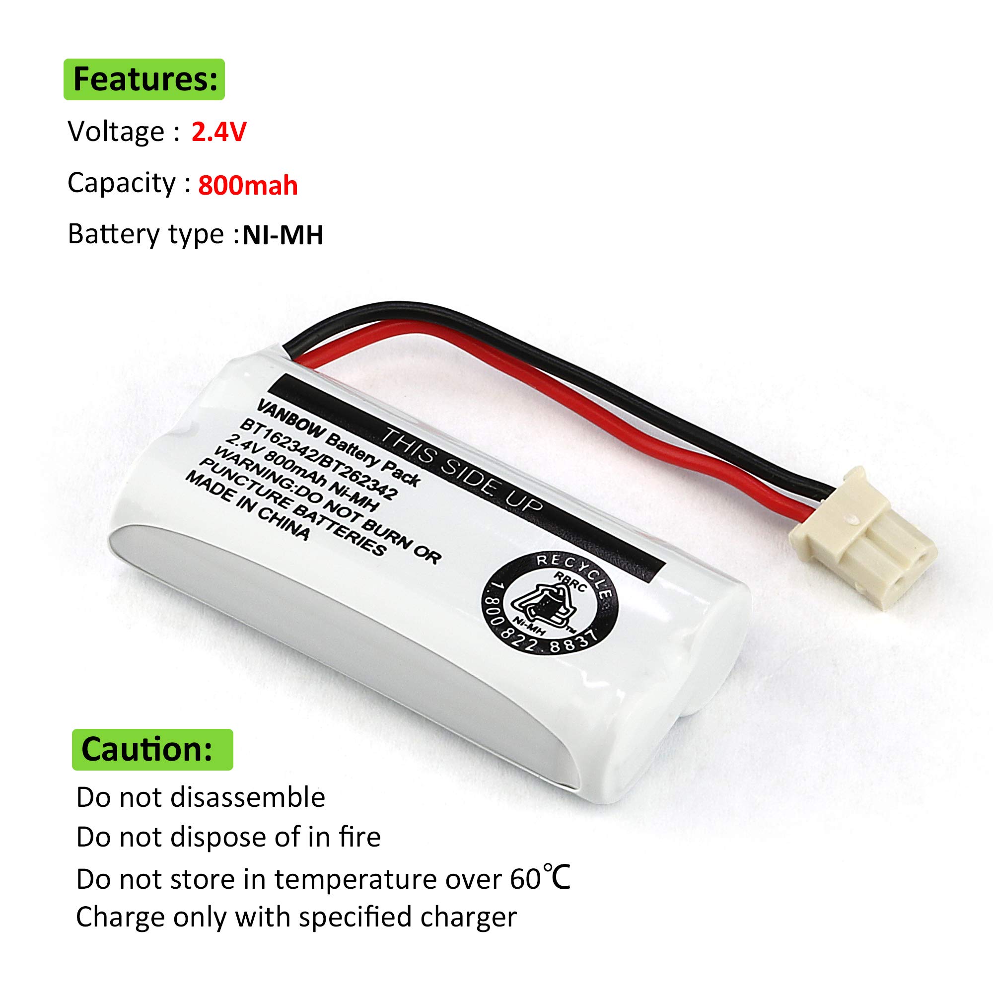 BT162342 BT262342 2.4V 800mah Ni-MH Phone Batteries Compatible with BT183342 BT283342 for VTech CS6719 CS6409 CS6419 CS6429 CS80100 AT&T CL81101 EL5210 EL52400 Handset Telephone (Pack 2)