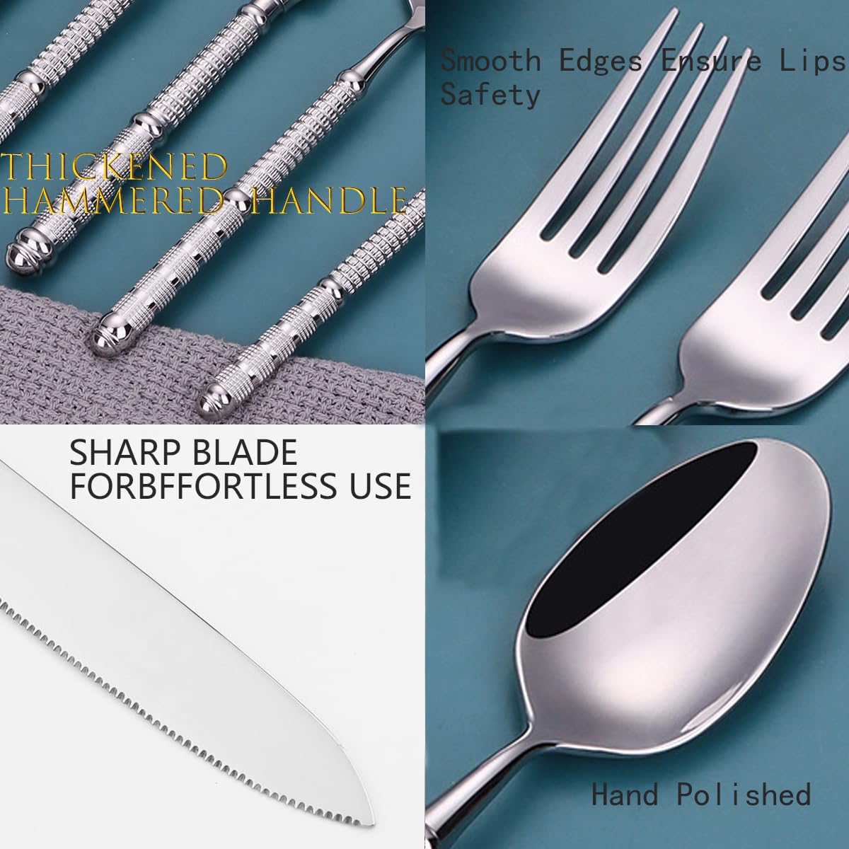 Thomaso 20-piece Round Handle Silverware Set,1810 Stainless Steel Hammered Flatware Set for 4,Silver Spoons and Forks Set,Unique Round Handle Cutlery Set,Wedding Housewarming Gift, Dishwasher Safe