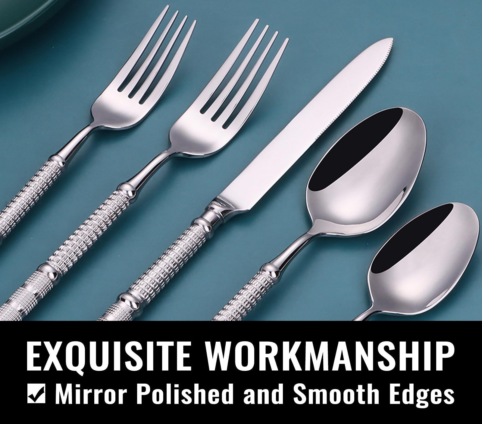 Thomaso 20-piece Round Handle Silverware Set,1810 Stainless Steel Hammered Flatware Set for 4,Silver Spoons and Forks Set,Unique Round Handle Cutlery Set,Wedding Housewarming Gift, Dishwasher Safe