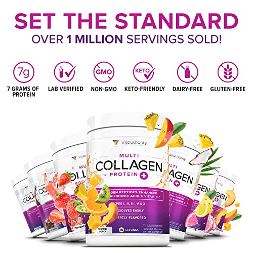 Multi Collagen Peptides Plus Hyaluronic Acid and Vitamin C Hydrolyzed Collagen Proteins Types I II III V and X Peach Mango Flavor