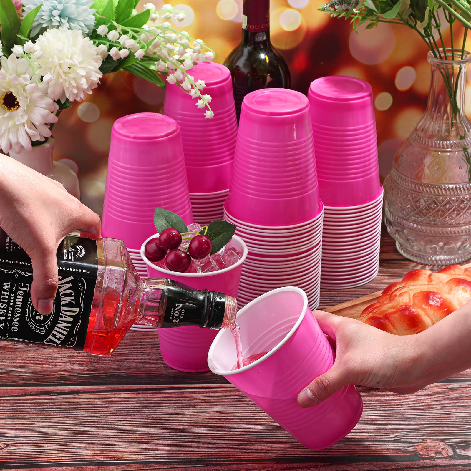 50 Count Party Cups 18 Ounce Disposable Plastic Cups for Wedding Birthday Party Beverage Drinking Water Cups for Indoor Outdoor Event Bachelorette Camping (Pink and White)