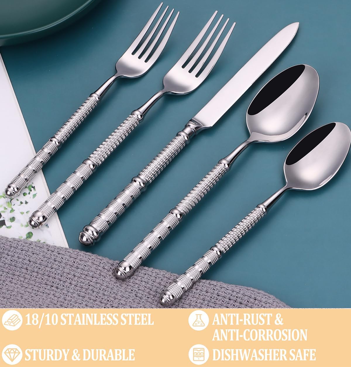 Thomaso 20-piece Round Handle Silverware Set,1810 Stainless Steel Hammered Flatware Set for 4,Silver Spoons and Forks Set,Unique Round Handle Cutlery Set,Wedding Housewarming Gift, Dishwasher Safe