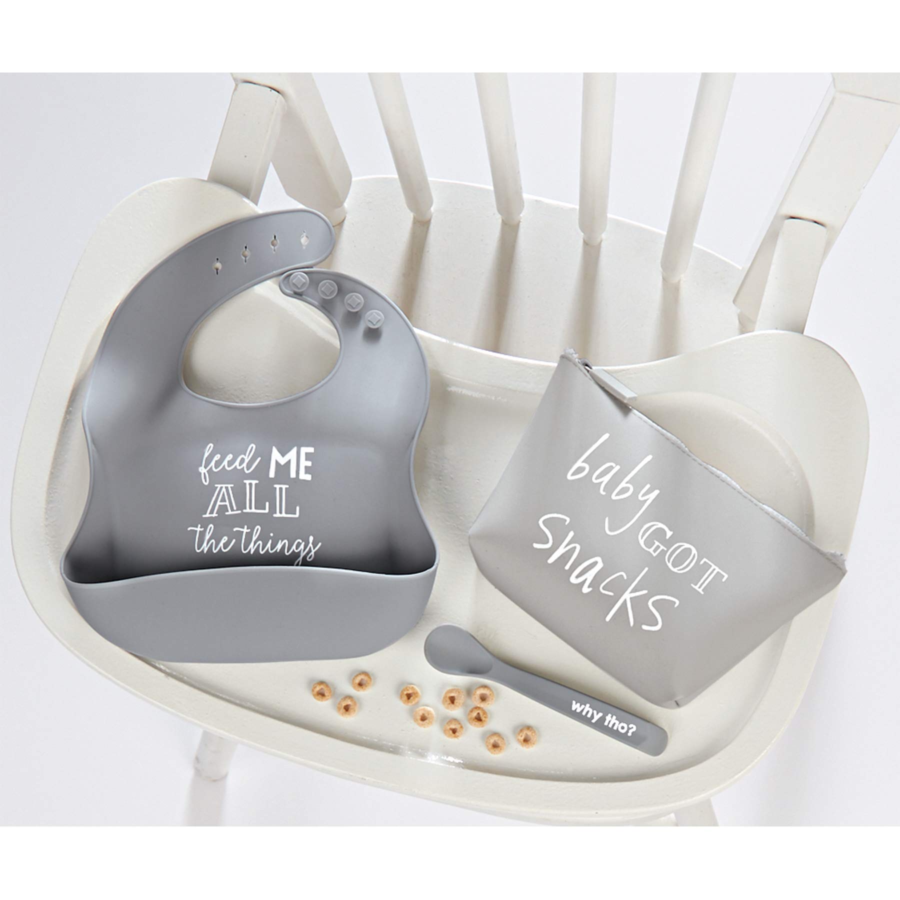 Mud Pie Gray Silicone Feeding Set, bib 9" x 8" | Pouch 6" x 8" | Spoon 6"