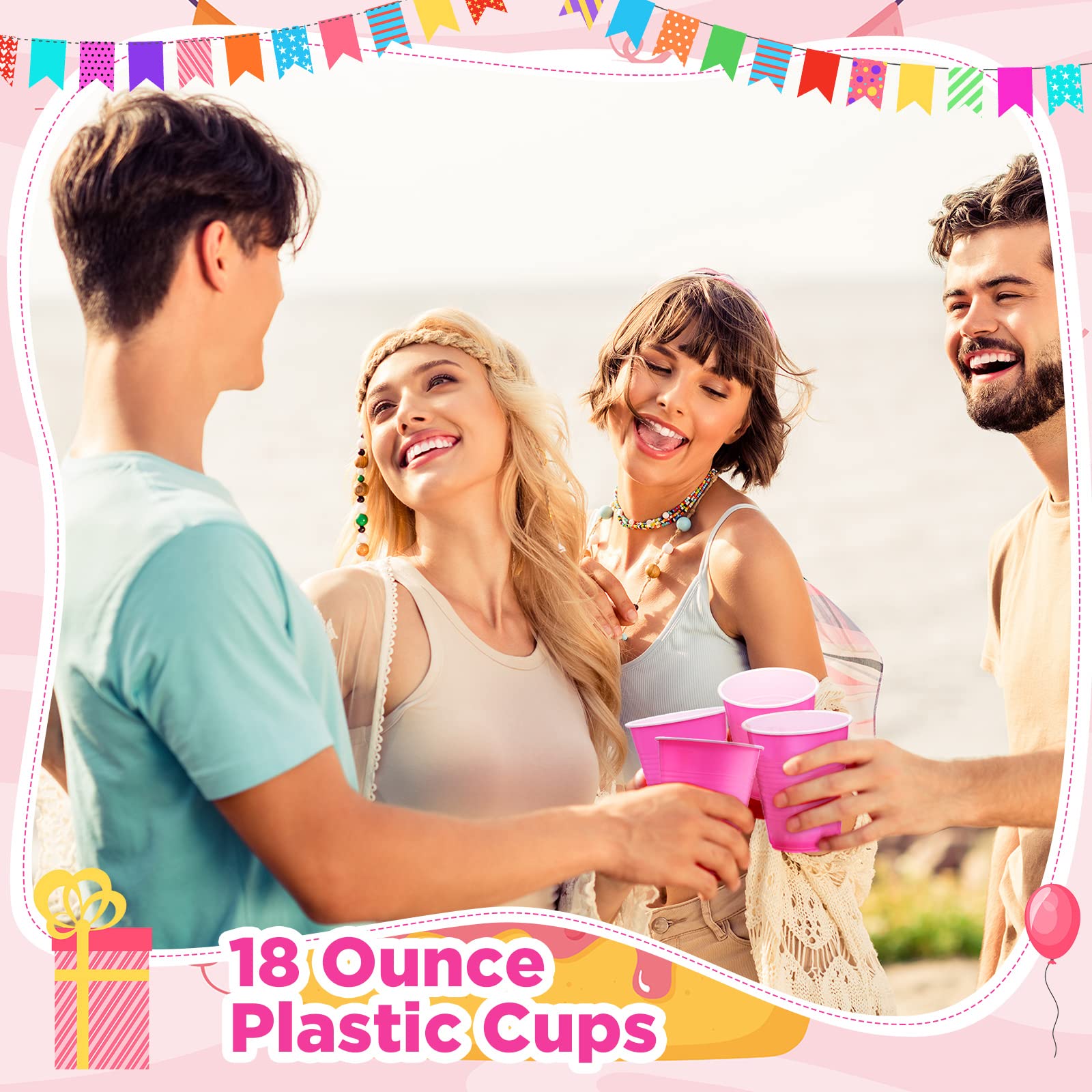 50 Count Party Cups 18 Ounce Disposable Plastic Cups for Wedding Birthday Party Beverage Drinking Water Cups for Indoor Outdoor Event Bachelorette Camping (Pink and White)