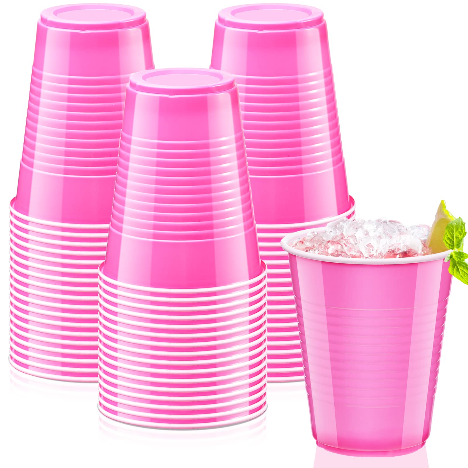 50 Count Party Cups 18 Ounce Disposable Plastic Cups for Wedding Birthday Party Beverage Drinking Water Cups for Indoor Outdoor Event Bachelorette Camping (Pink and White)