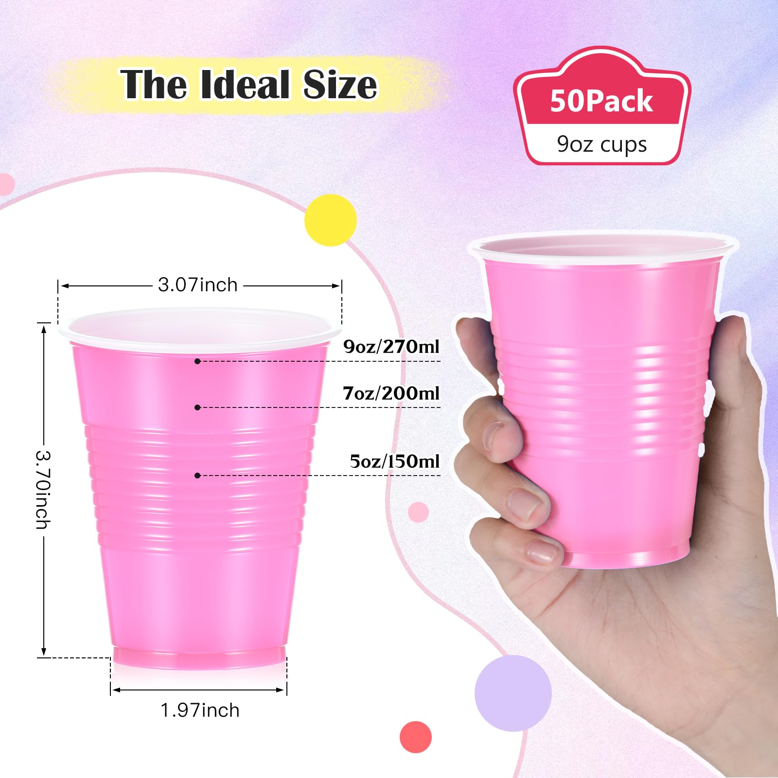 Uiifan 50 Pieces 9 oz Plastic Cups Disposable Drinking Cups Bulk for Beverage Coffee Picnics Christmas Day Birthday Party Wedding Halloween Thanksgiving(Pink)