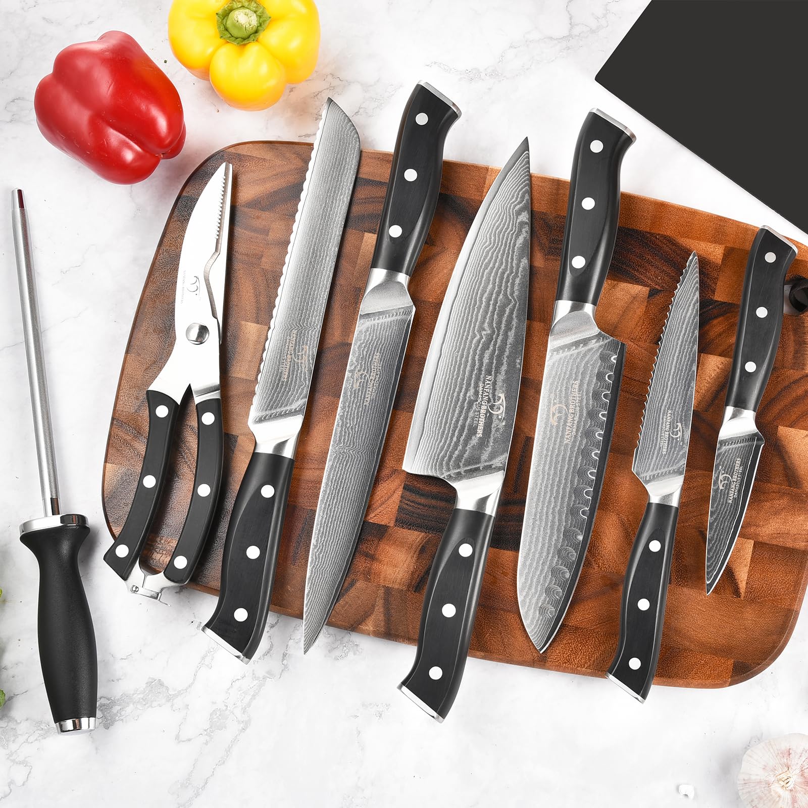 NANFANG BROTHERS Knife Set, 9 Pieces Damascus Kitchen Knife Set with Block, ABS Ergonomic Handle for Chef Knife Set, Knife Sharpener and Kitchen Shears, Knife Block Set