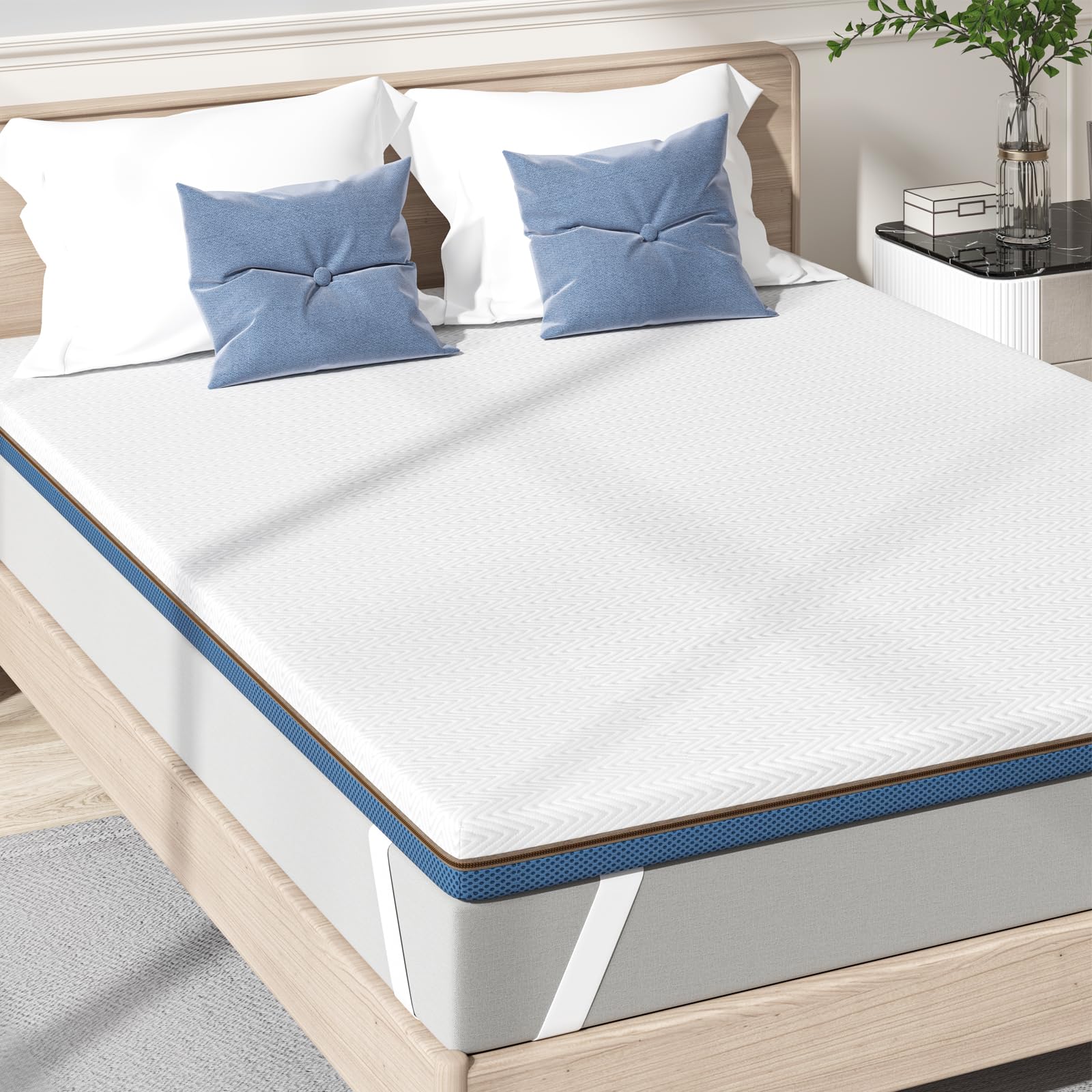 UniPon 4 Inch Gel-Infused Memory Foam Mattress Topper for Queen Size Bed, Ventilated Bed Foam Topper for Back Pain and Pressure Relief, High-Density Cooling Mattress Pad with Removable & Soft Cover