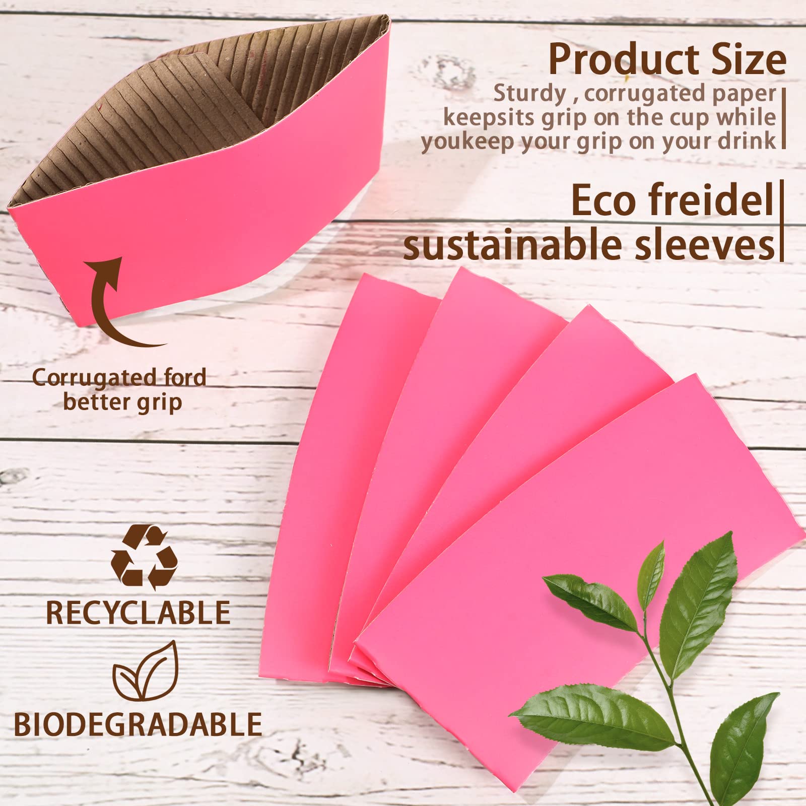 50 Pcs Coffee Sleeves Disposable Corrugated Kraft Paper Cup Sleeve Holder Protective Insulated Heat Espresso Coffee Cup Holder Fits 12, 16, 20, 22, 24 oz Hot Cold Drinks Cups(Pink)