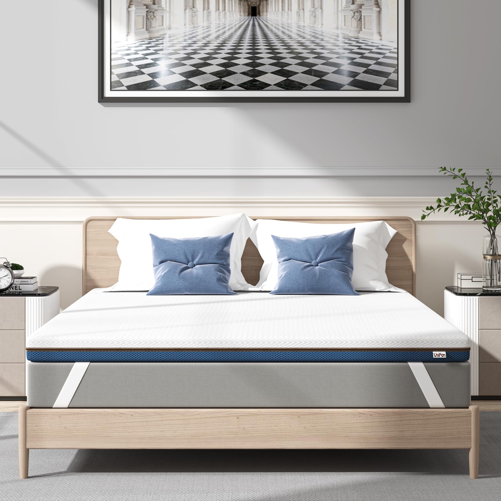 UniPon 4 Inch Gel-Infused Memory Foam Mattress Topper for Queen Size Bed, Ventilated Bed Foam Topper for Back Pain and Pressure Relief, High-Density Cooling Mattress Pad with Removable & Soft Cover