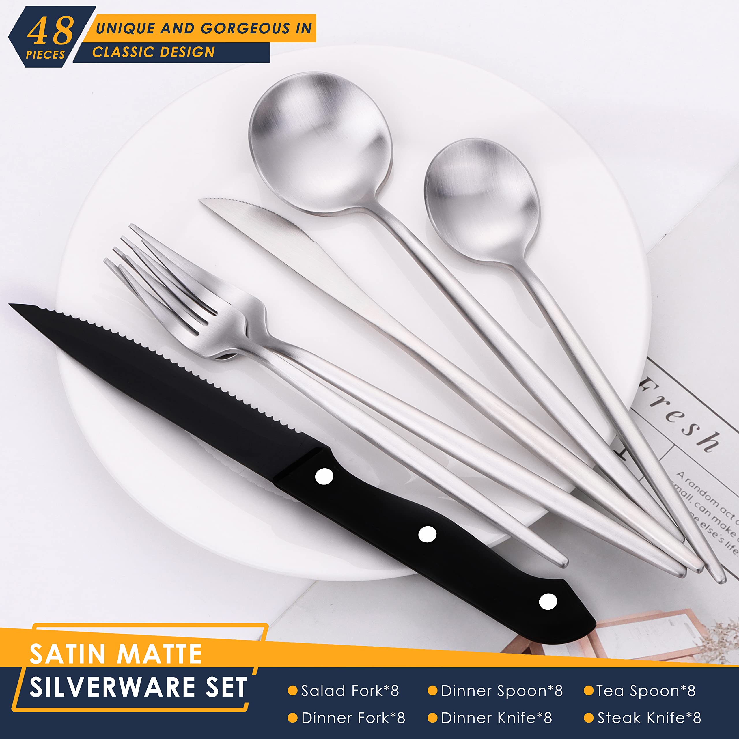 Stapava 48 Pieces Matte Silverware Set with Steak Knives, Plus Dinner Knives Set of 12, Stainless Steel Flatware Cutlery Set, Kitchen Utensil Set Include Spoons Forks Knives, Dishwasher Safe