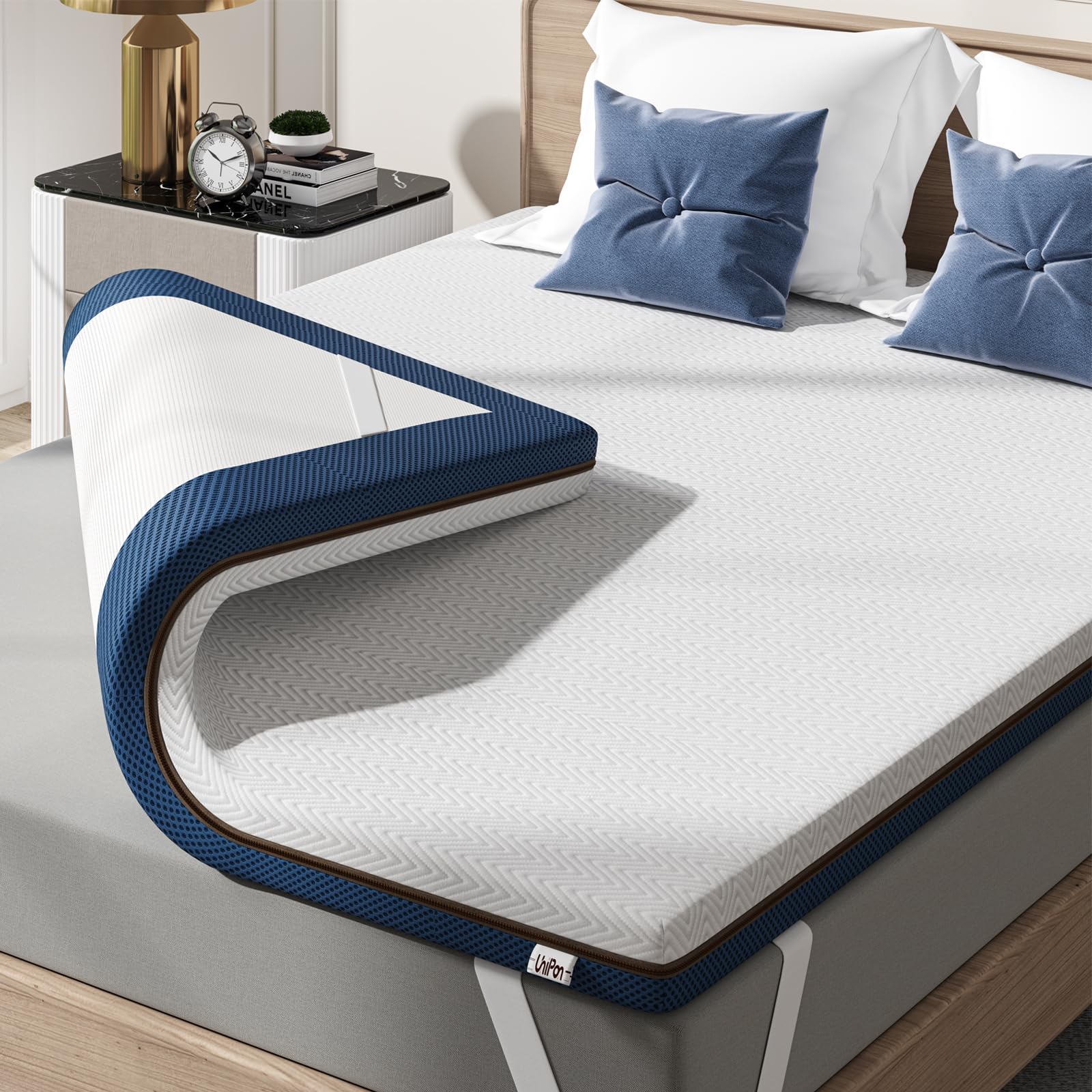 UniPon 4 Inch Gel-Infused Memory Foam Mattress Topper for Queen Size Bed, Ventilated Bed Foam Topper for Back Pain and Pressure Relief, High-Density Cooling Mattress Pad with Removable & Soft Cover
