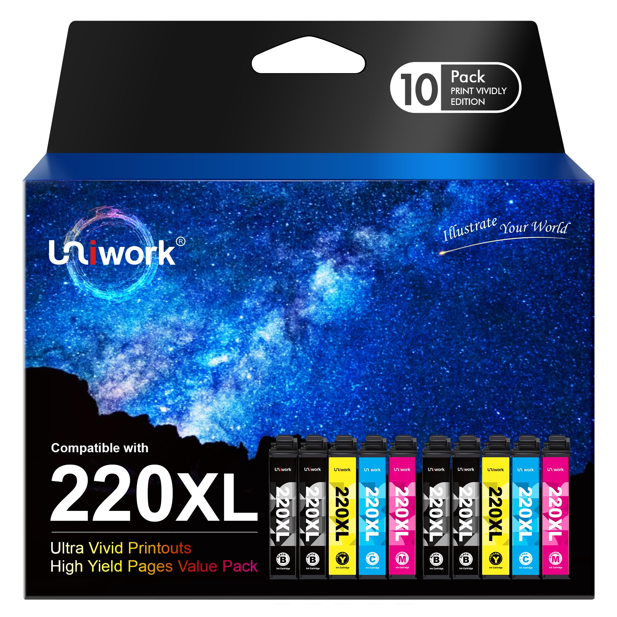 Uniwork Remanufactured Ink Cartridge Replacement for Epson 220 XL 220XL use for WorkForce WF-2750 WF-2760 WF-2630 WF-2650 WF-2660 XP-320 XP-420 Printer Tray (4 Black 2 Cyan 2 Magenta 2 Yellow 10 Pack)