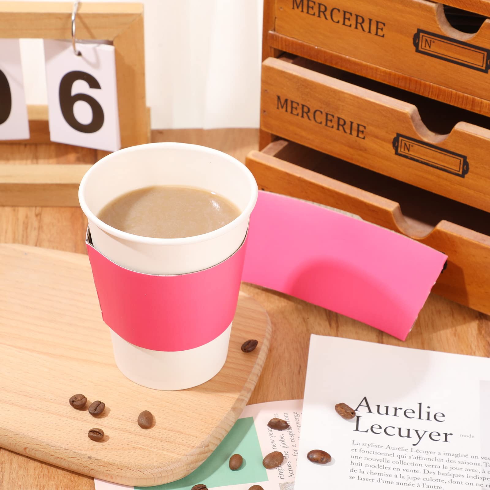 50 Pcs Coffee Sleeves Disposable Corrugated Kraft Paper Cup Sleeve Holder Protective Insulated Heat Espresso Coffee Cup Holder Fits 12, 16, 20, 22, 24 oz Hot Cold Drinks Cups(Pink)