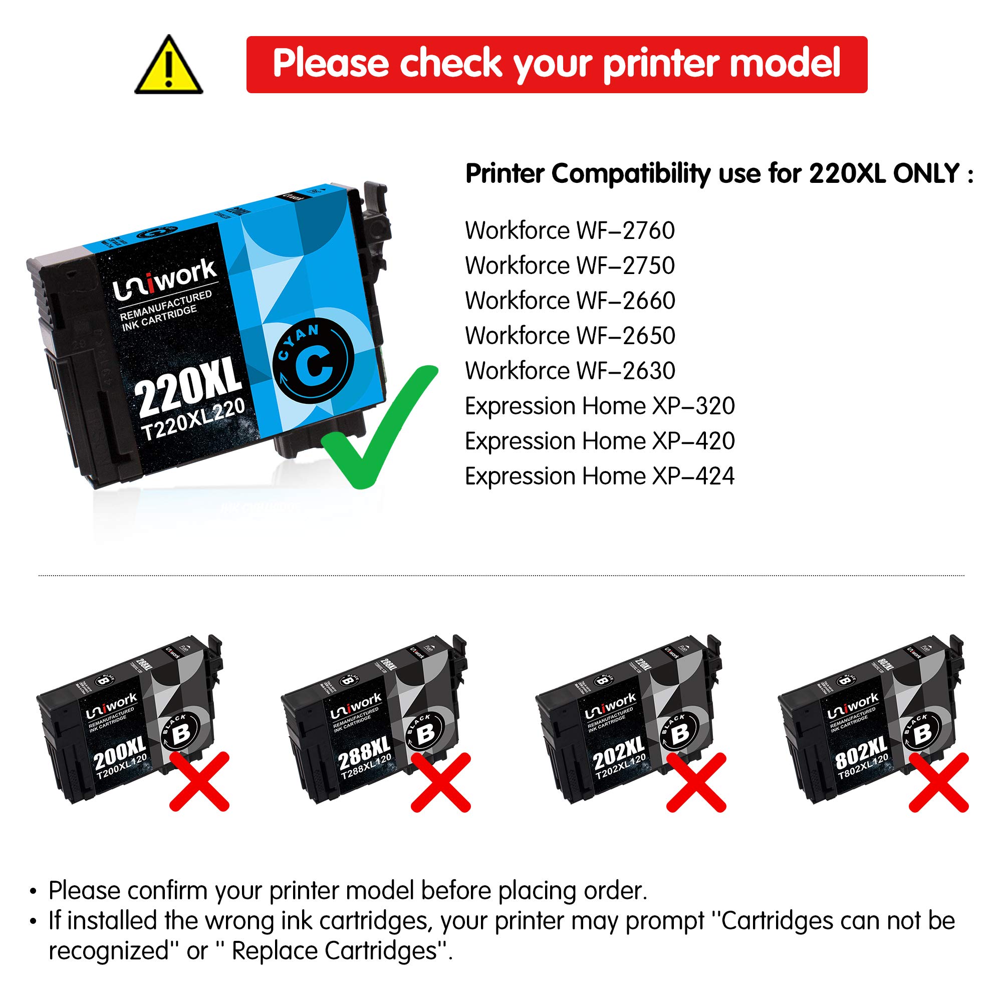 Uniwork Remanufactured Ink Cartridge Replacement for Epson 220 XL 220XL use for WorkForce WF-2750 WF-2760 WF-2630 WF-2650 WF-2660 XP-320 XP-420 Printer Tray (4 Black 2 Cyan 2 Magenta 2 Yellow 10 Pack)