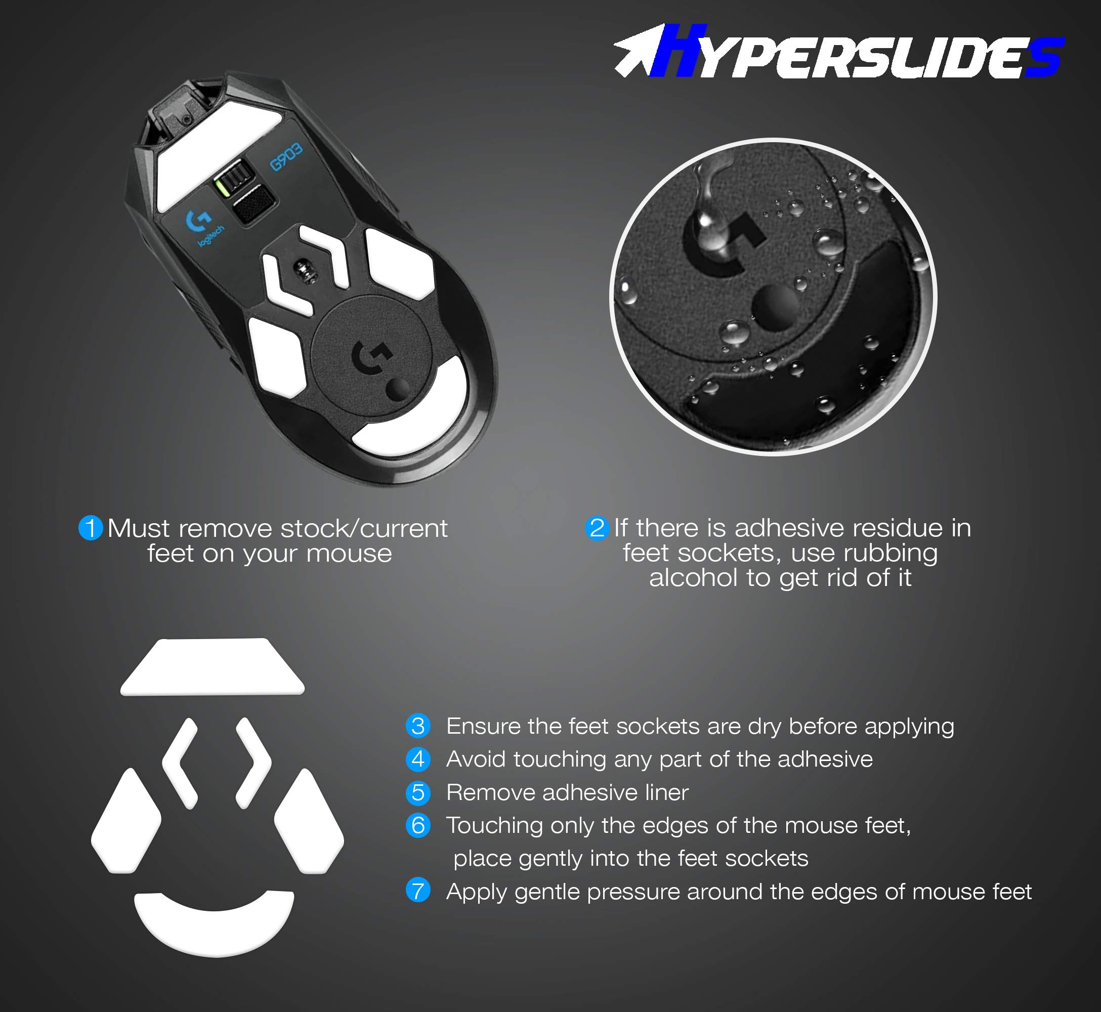 HYPERSLIDES 2Sets Rounded Curved Edges Mouse Feet, Skates, Pads for Logitech G903 Lightspeed, G903 Hero Gaming Mouse Feet Replacement (0.8mm, Smooth Glide, Pure White PTFE) Pro Performance Upgrade