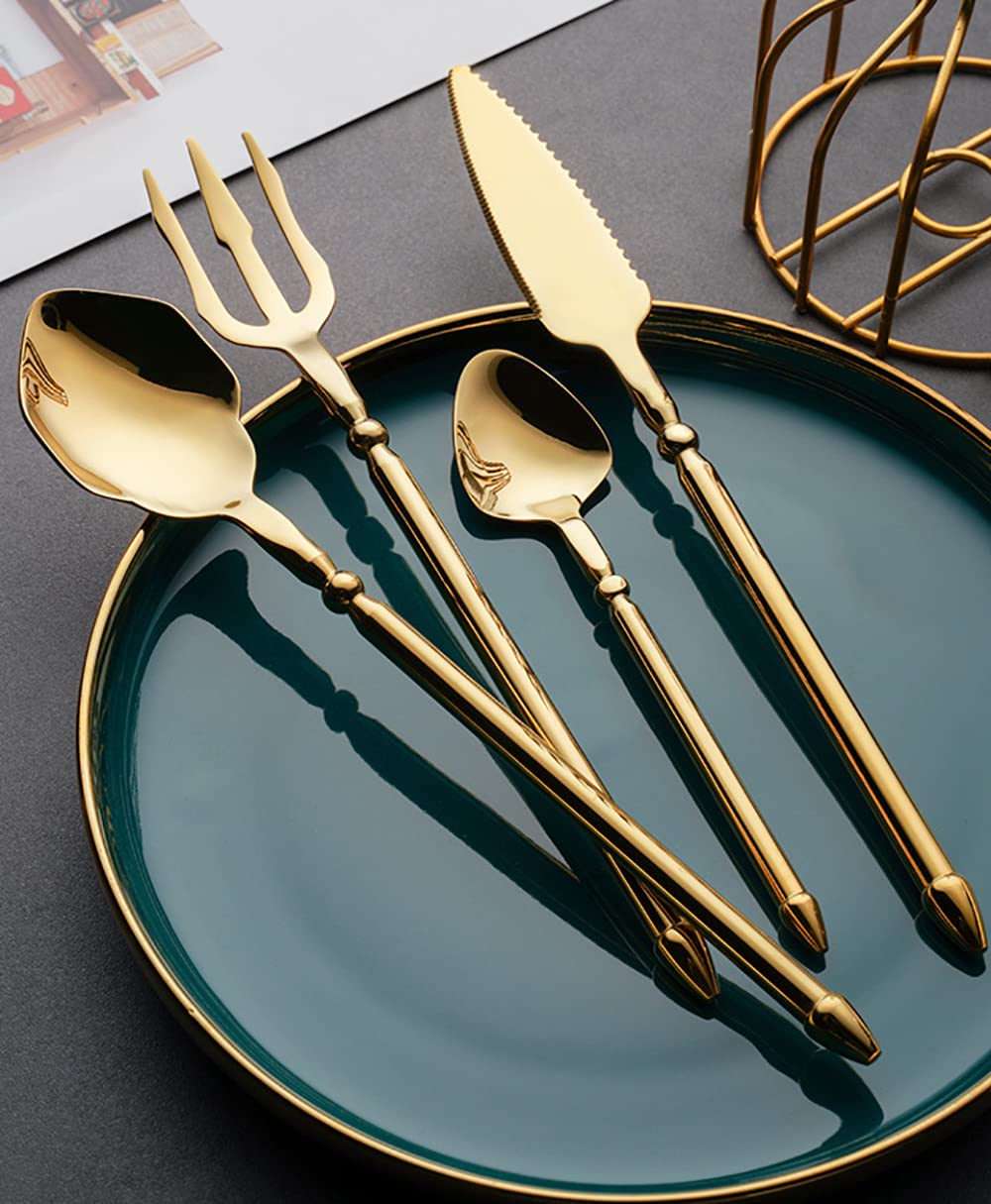 Gold Silverware Set for 16 Durable 18/10 Stainless Steel Flatware Set Creative Styles 64 Piece Modern Cutlery Tableware Utensils Set for Home Kitchen Wedding Restaurant Knives forks and Spoons (Color