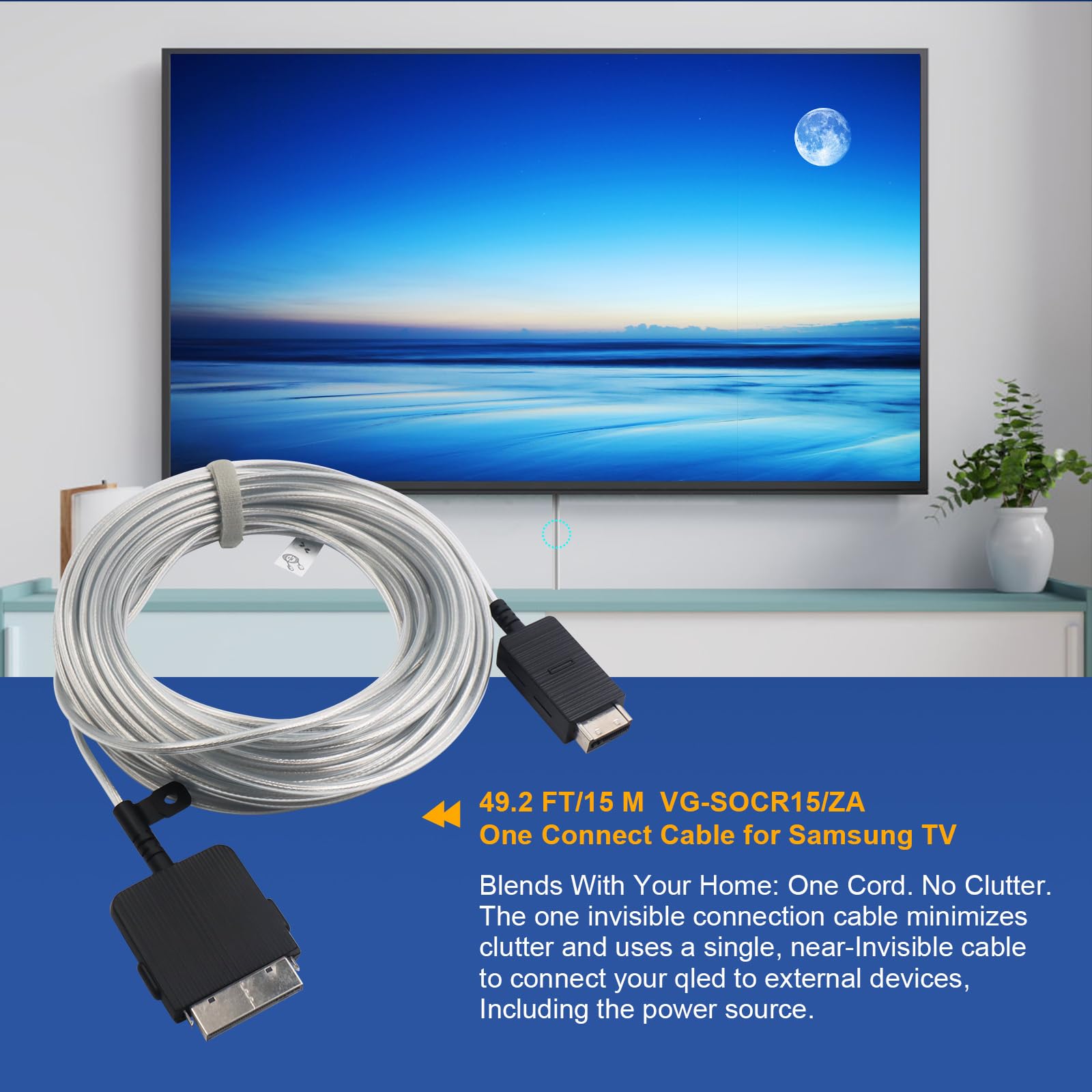 49.2ft/15m One Invisible Connection Optical Cable (Newest Model) VG-SOCR15/ZA for Samsung TV QN43-85 inches LS03CA LS03BA LS03AA QLED 4K 8K The Frame TVs