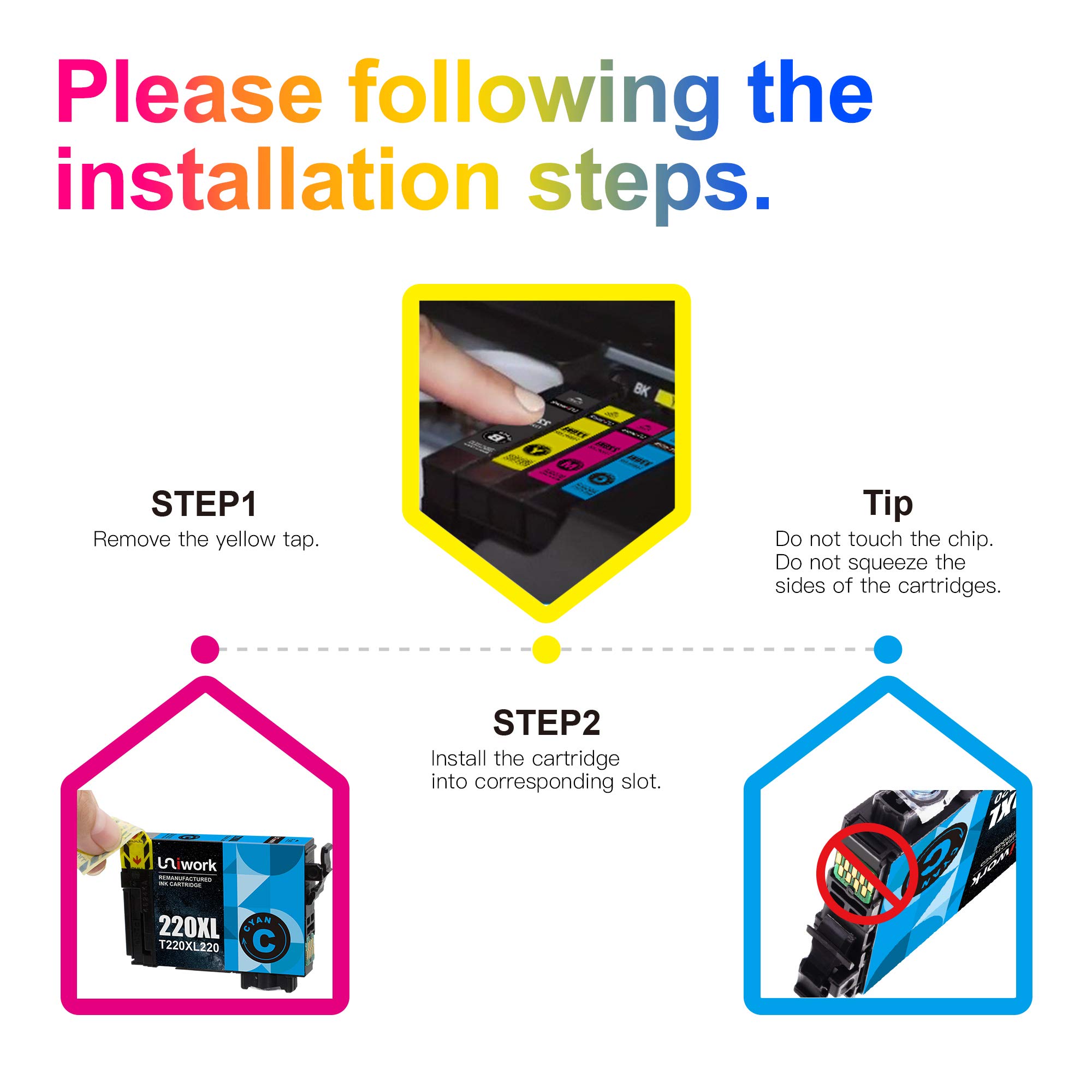 Uniwork Remanufactured Ink Cartridge Replacement for Epson 220 XL 220XL use for WorkForce WF-2750 WF-2760 WF-2630 WF-2650 WF-2660 XP-320 XP-420 Printer Tray (4 Black 2 Cyan 2 Magenta 2 Yellow 10 Pack)