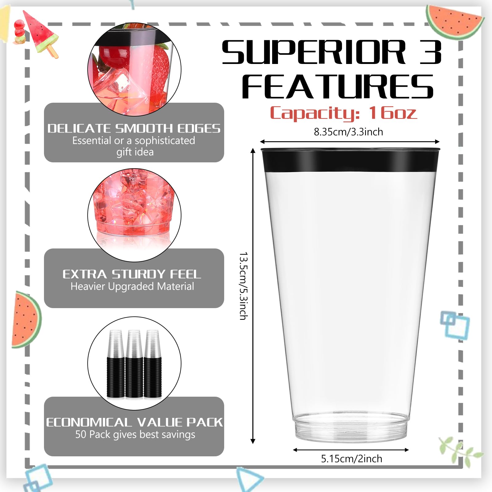 Norme 50 Pcs Plastic Cups 16 oz Disposable Cups Plastic Party Drinking Cups Wine Glasses for Parties Old Fashioned Tumblers for Coffee Wedding Wine (Black)