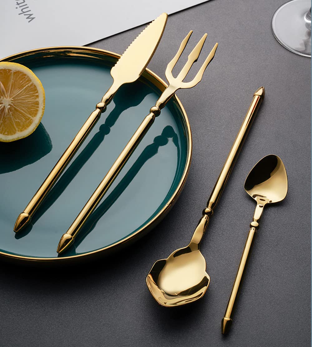 Gold Silverware Set for 16 Durable 18/10 Stainless Steel Flatware Set Creative Styles 64 Piece Modern Cutlery Tableware Utensils Set for Home Kitchen Wedding Restaurant Knives forks and Spoons (Color