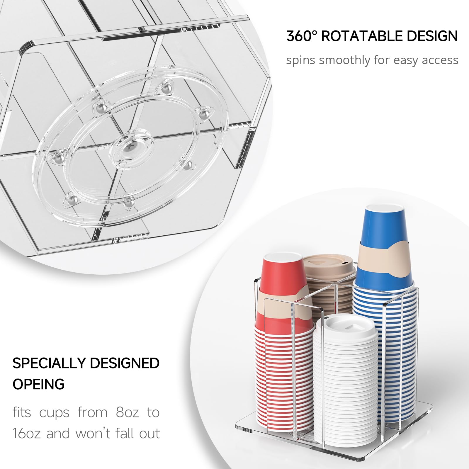 KOTEMON Cup and Lid Holder, 4 Compartment, Square | Rotating Coffee Cup Dispenser Lid Carousel for Restaurant, Buffet, Coffee Station, Bar, Countertop, Clear Acrylic