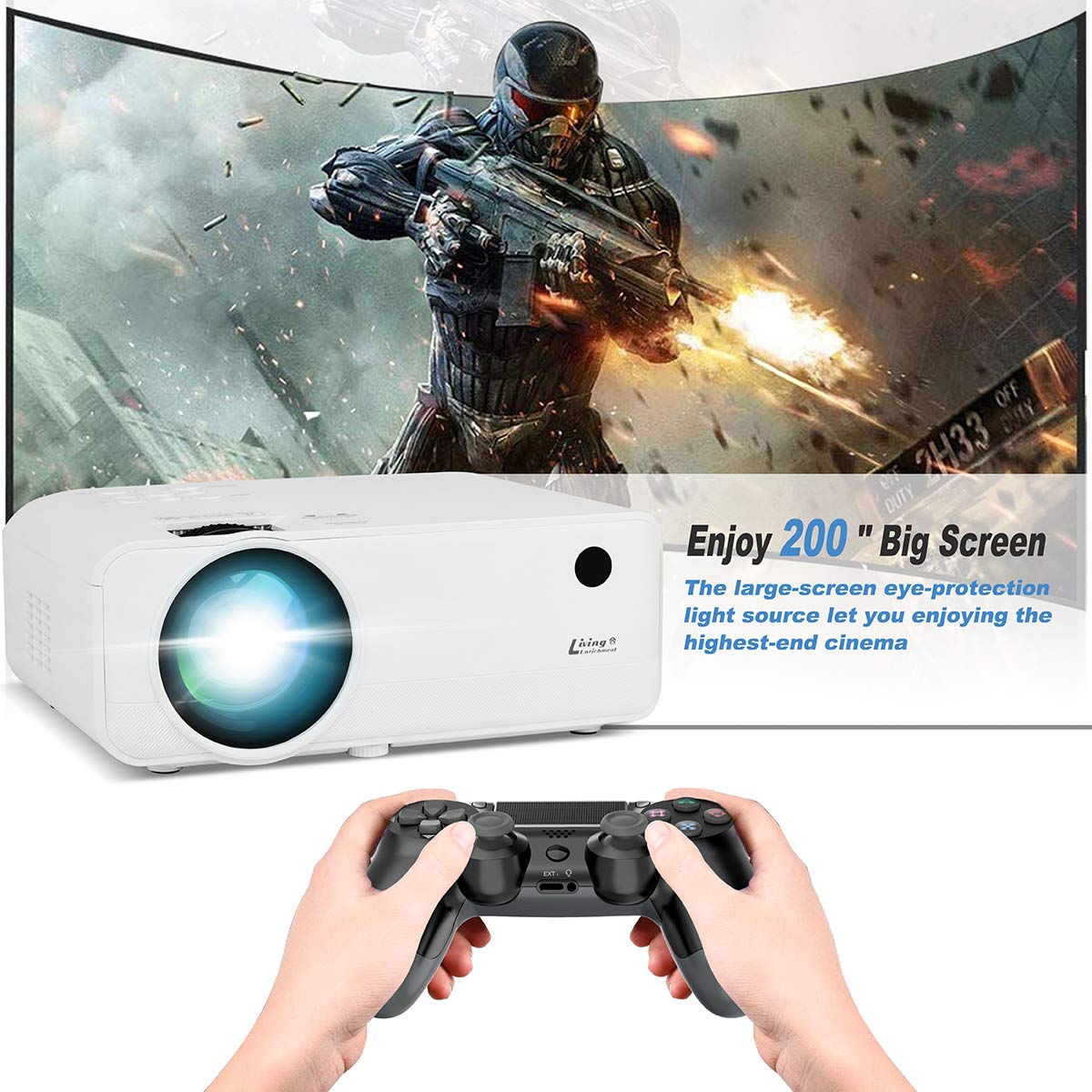 Living Enrichment Mini Projector, 1080P HD Supported Portable Video Projector, 7000 Lumen 50,000 Hours Led Lamp, 200'' Projection Display, Compatible with HDMI VGA USB DVD for Home Entertainment