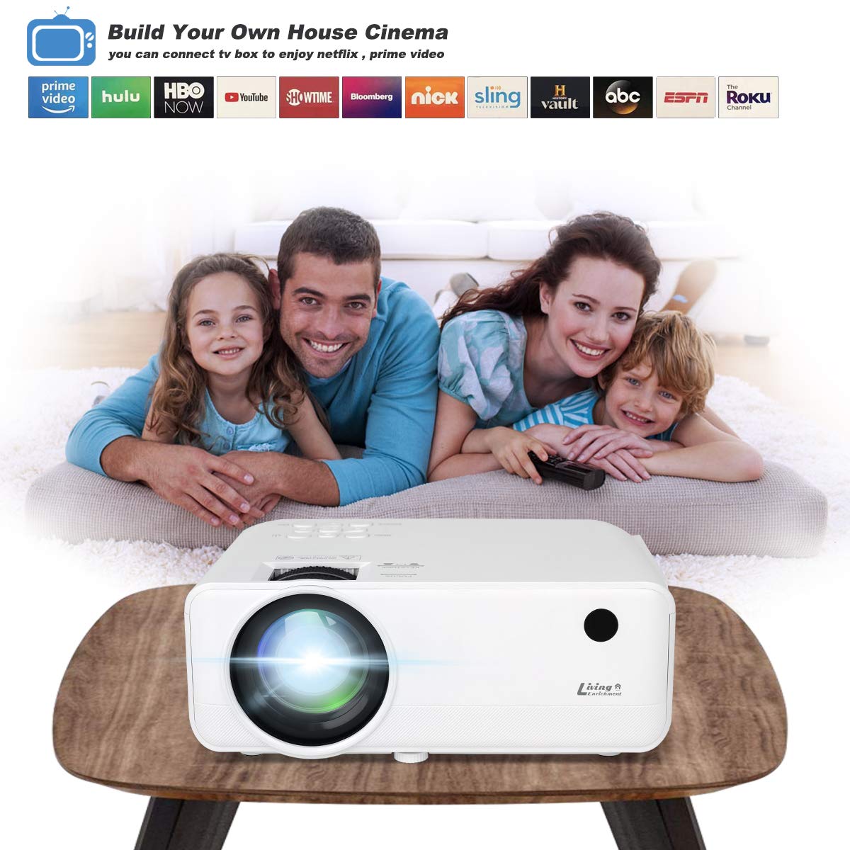 Living Enrichment Mini Projector, 1080P HD Supported Portable Video Projector, 7000 Lumen 50,000 Hours Led Lamp, 200'' Projection Display, Compatible with HDMI VGA USB DVD for Home Entertainment