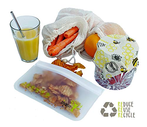 ZERO WASTE KIT - 17 PCS Eco Friendly Gift Set with Zero Waste Sustainable Products for the Home & Kitchen. Includes Reusable Products, Food Storage Bags, Beeswax Wraps, Mesh Produce Bags, and Straws. Great gifts for women.