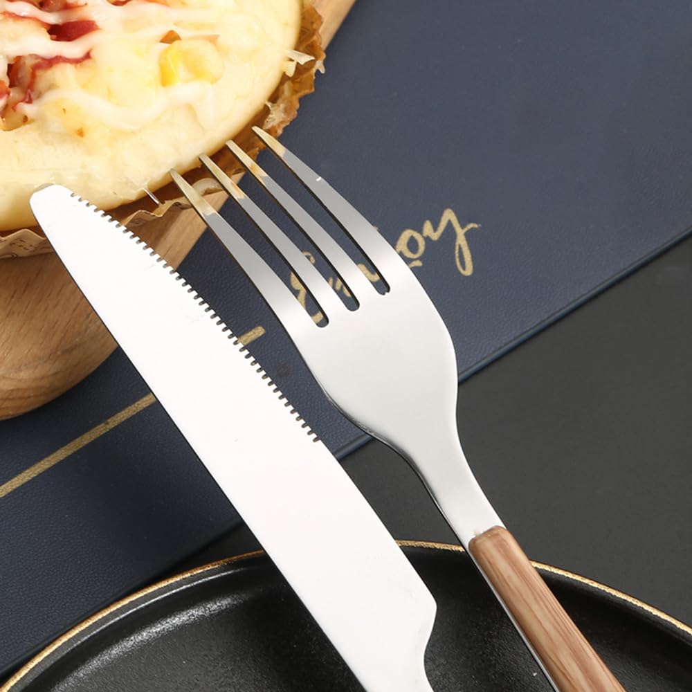 Aimilan 48 Piece Silverware Set for 12, Imitation Wooden Handle Flatware Cutlery Set for Home Kitchen Restaurant, Mirror Finish, Dishwasher Safe (48-Piece for 12)