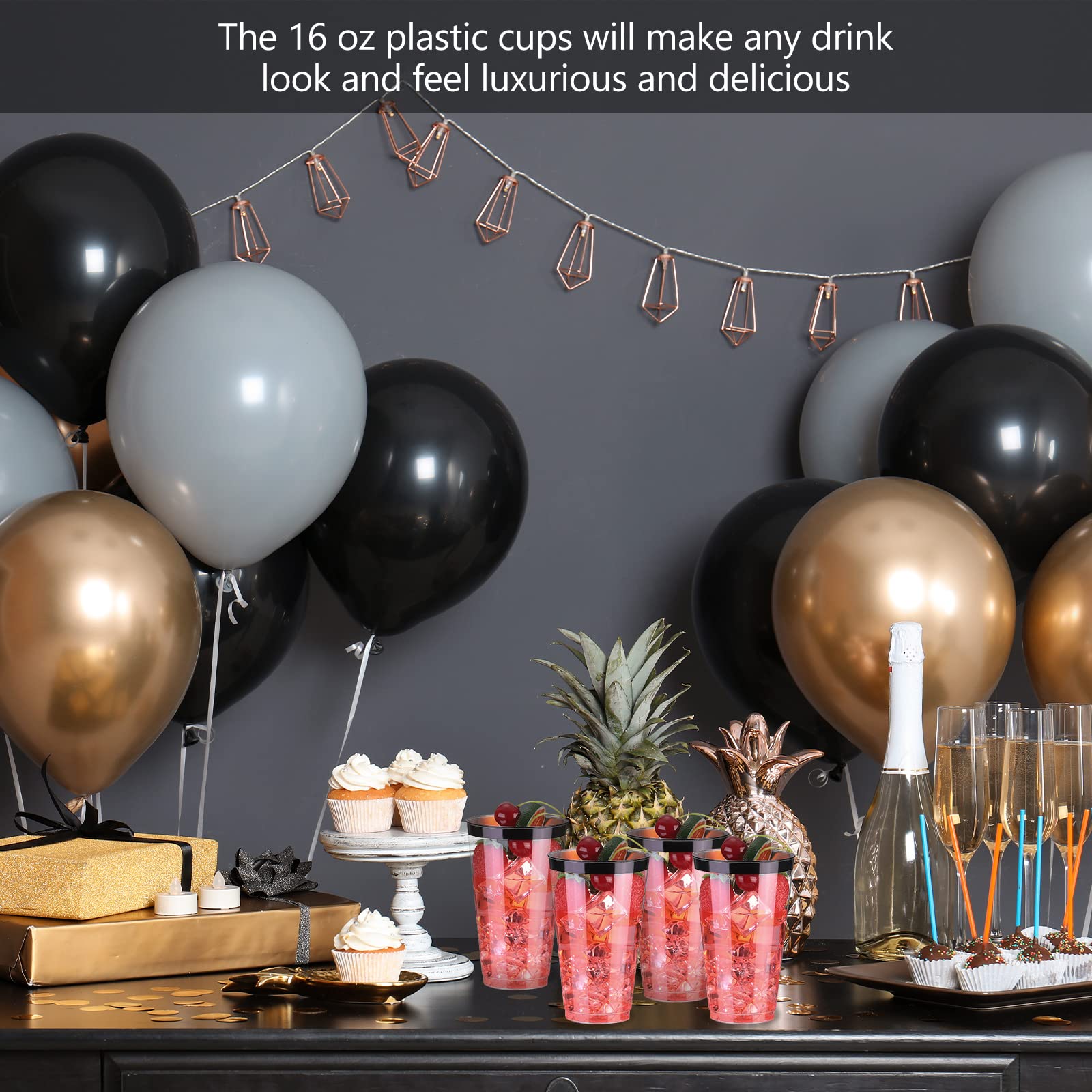 Norme 50 Pcs Plastic Cups 16 oz Disposable Cups Plastic Party Drinking Cups Wine Glasses for Parties Old Fashioned Tumblers for Coffee Wedding Wine (Black)