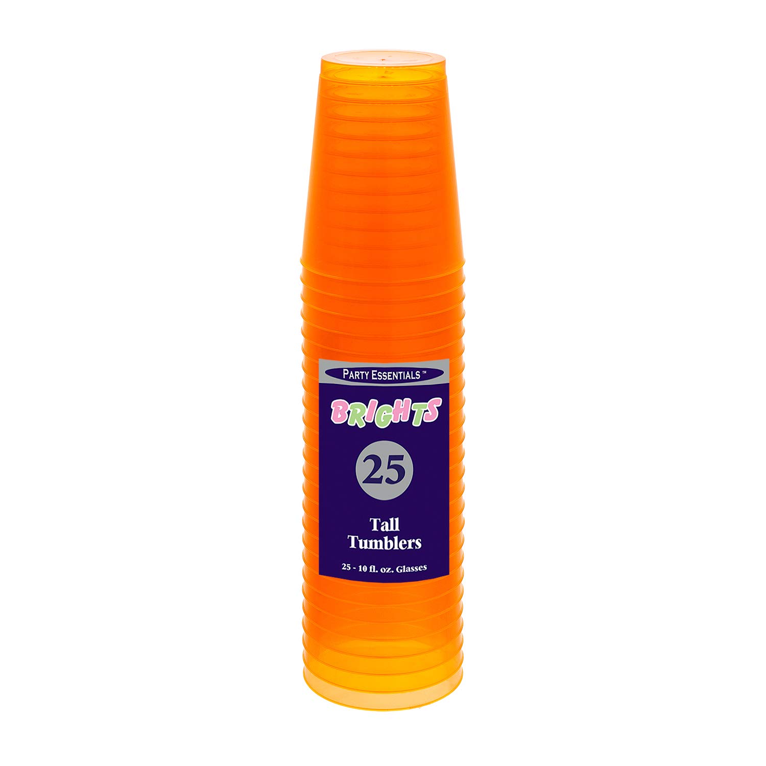 Party Essentials Hard Plastic 10-Ounce Party Cups and Tall Tumblers, Neon Orange, 25-Count