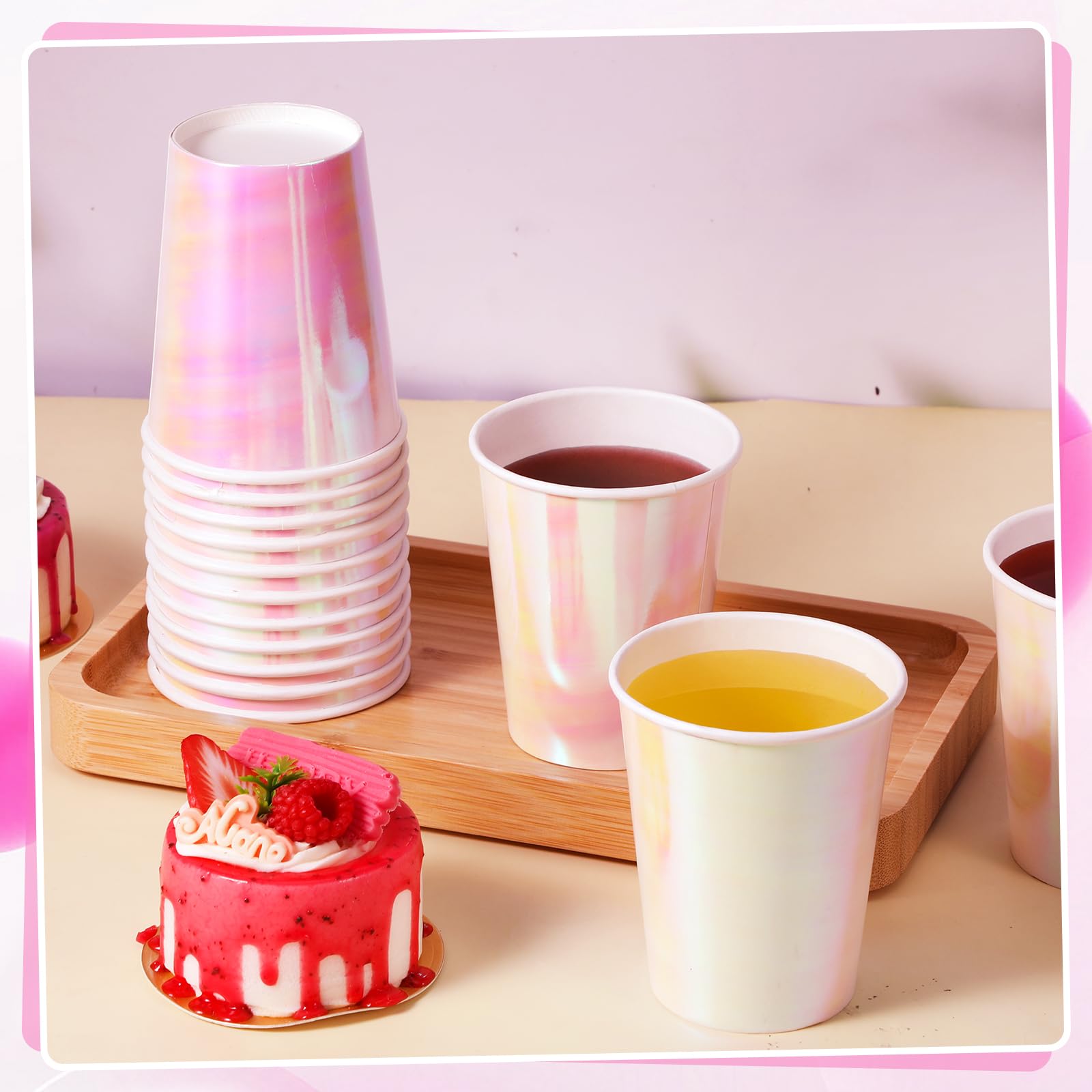 Uiifan 100 Pieces Iridescent Paper Cups 9 oz Disposable Pink Paper Cups Drink Cup Rainbow Design Cups for Beverage Picnics Christmas Day Birthday Party Wedding Halloween Thanksgiving(Pink)