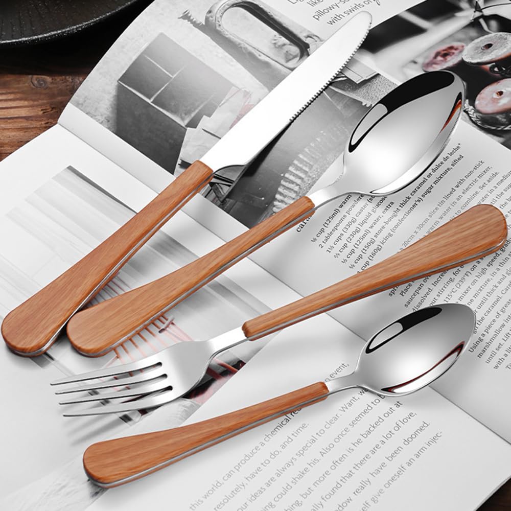 Aimilan 48 Piece Silverware Set for 12, Imitation Wooden Handle Flatware Cutlery Set for Home Kitchen Restaurant, Mirror Finish, Dishwasher Safe (48-Piece for 12)