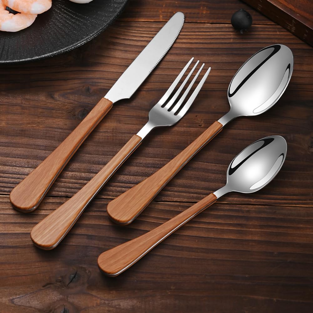 Aimilan 48 Piece Silverware Set for 12, Imitation Wooden Handle Flatware Cutlery Set for Home Kitchen Restaurant, Mirror Finish, Dishwasher Safe (48-Piece for 12)