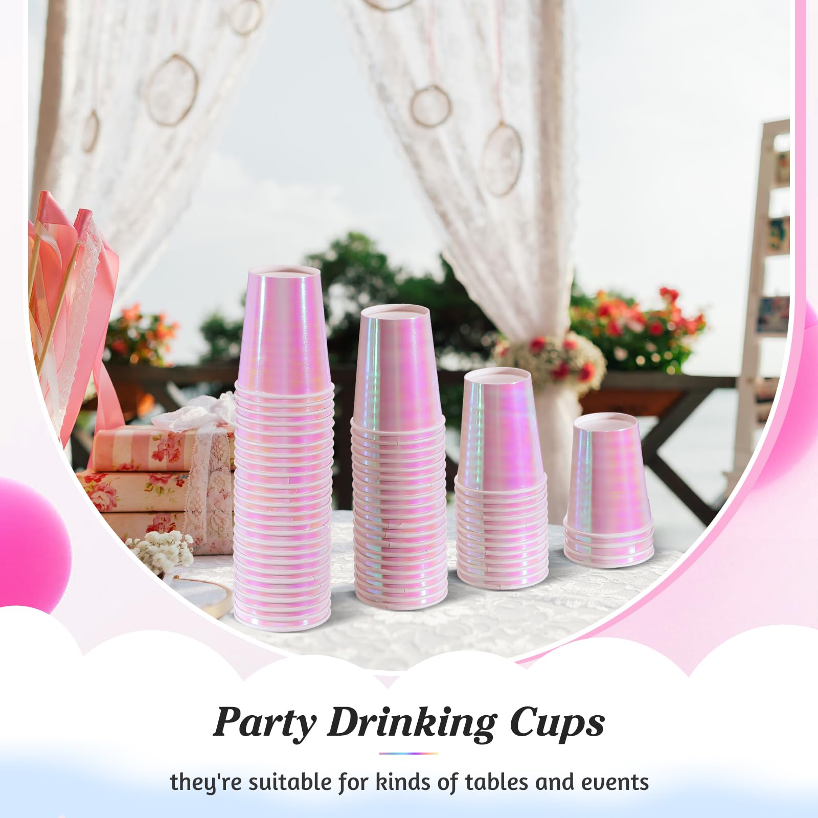 Uiifan 100 Pieces Iridescent Paper Cups 9 oz Disposable Pink Paper Cups Drink Cup Rainbow Design Cups for Beverage Picnics Christmas Day Birthday Party Wedding Halloween Thanksgiving(Pink)