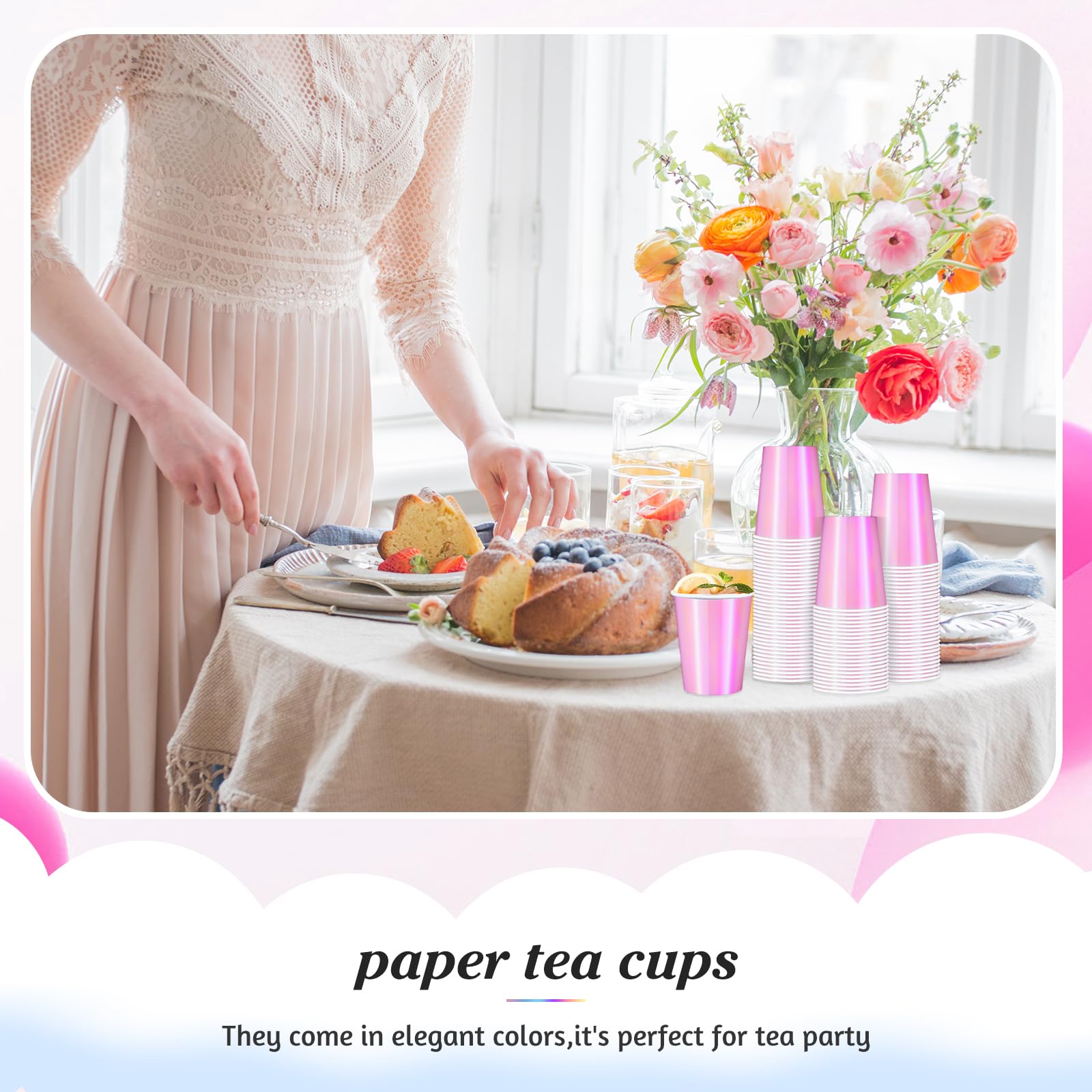Uiifan 100 Pieces Iridescent Paper Cups 9 oz Disposable Pink Paper Cups Drink Cup Rainbow Design Cups for Beverage Picnics Christmas Day Birthday Party Wedding Halloween Thanksgiving(Pink)