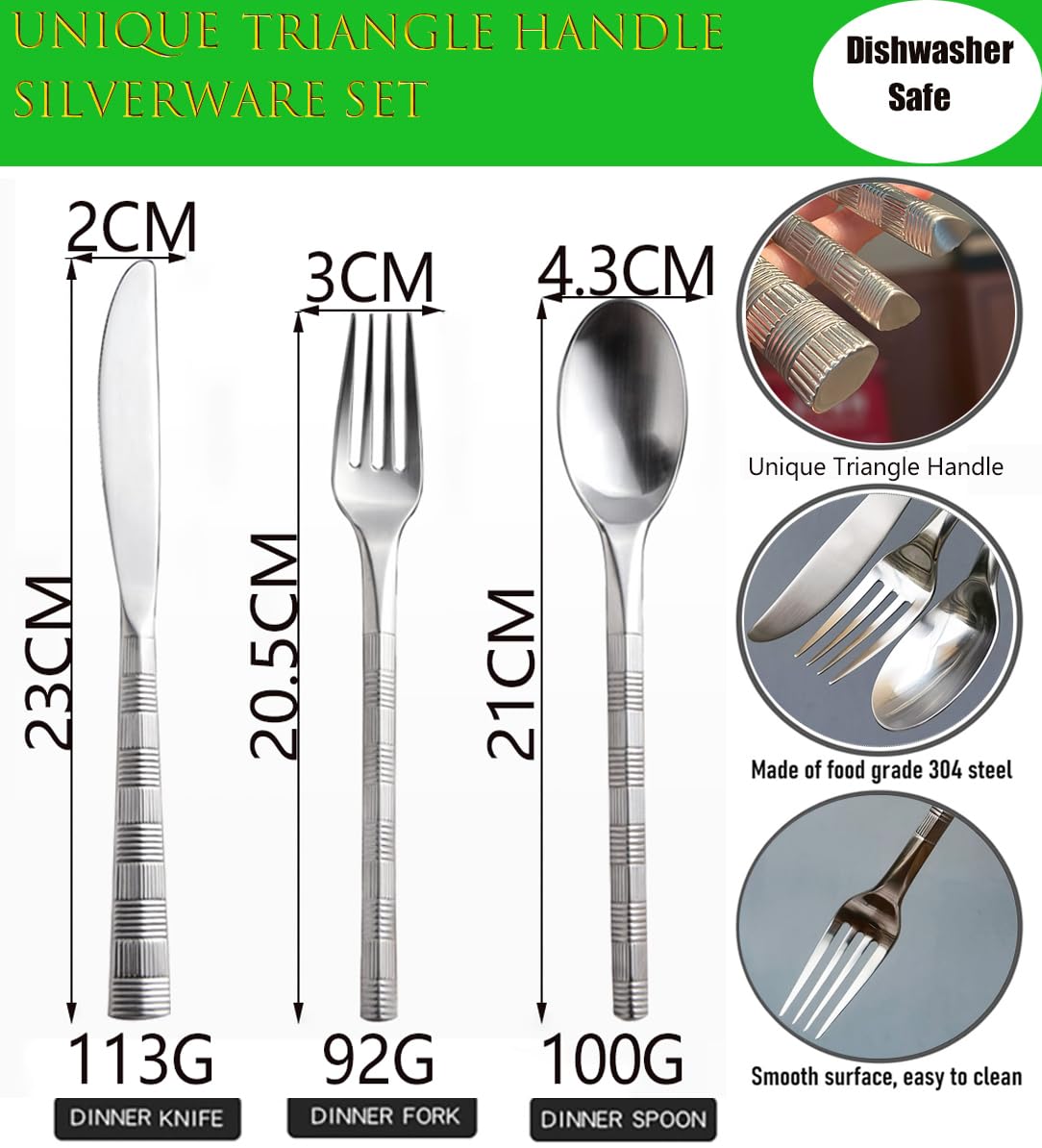 Thomaso 12-piece Hammered Silverware Set,Creative Triangle Handle Titanium Plating Stainless Steel Flatware Service for 4, Silver Spoons and Forks Set,Unique Triangle Cutlery Set, Dishwasher Safe