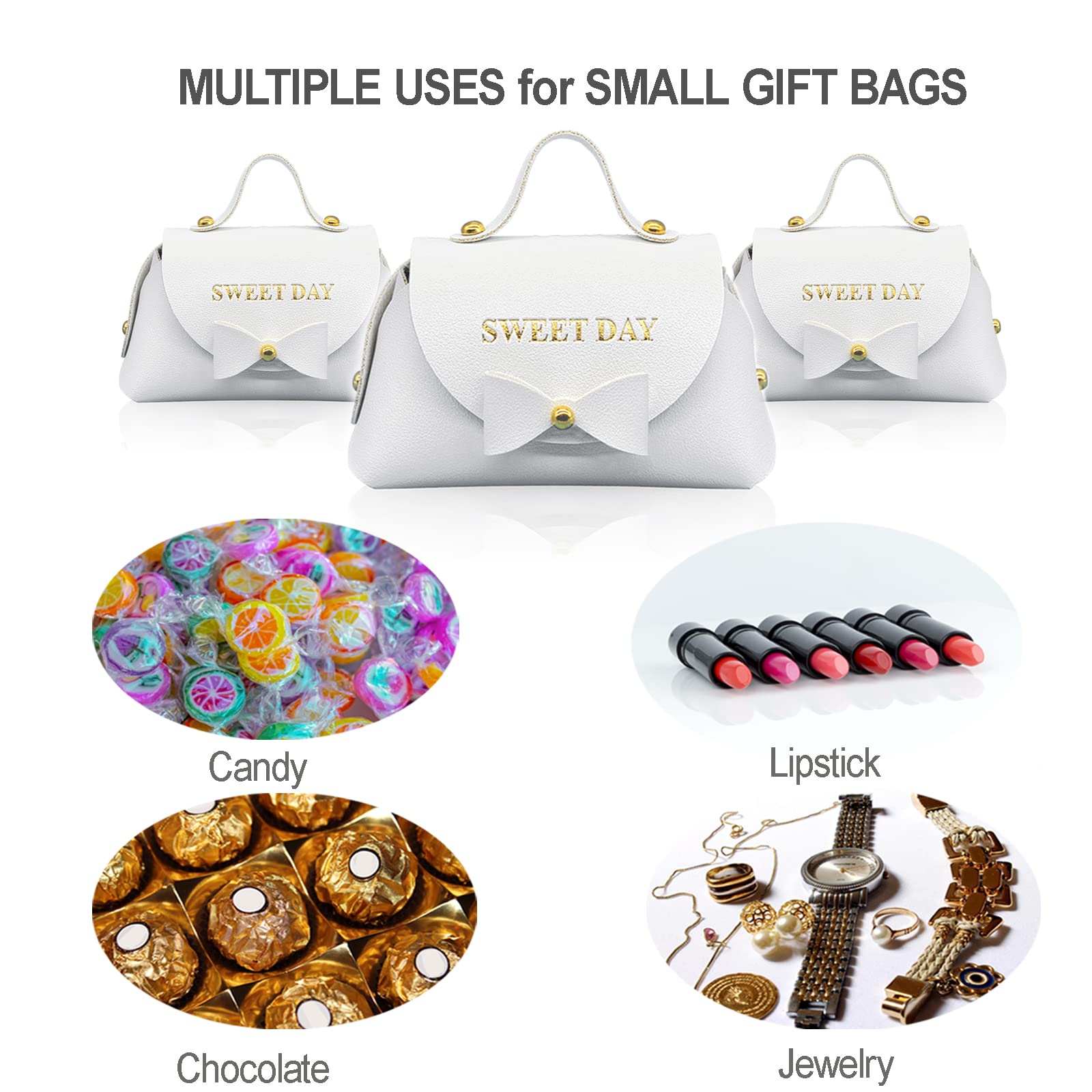 8 pack Exquisite Leather Bowknot Handbag Treat Boxes Gift Boxes with Handle, 5"x3.5" Reusable Wedding Party Favor Boxes Small Size Candy Gift Bags with Bow for Baby Showers Birthday Christmas Party
